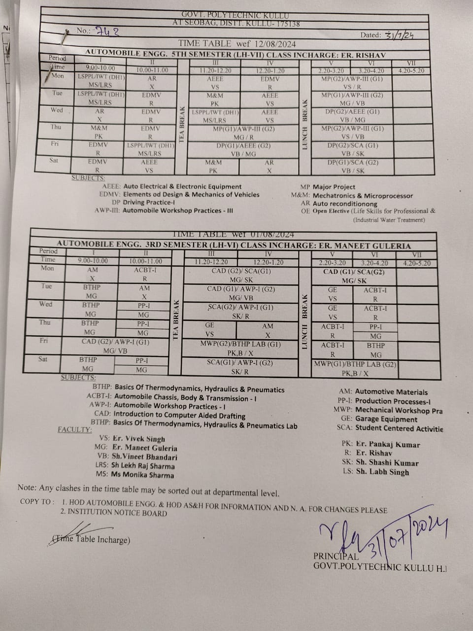 Time Table | Govt Polytechnic Kullu